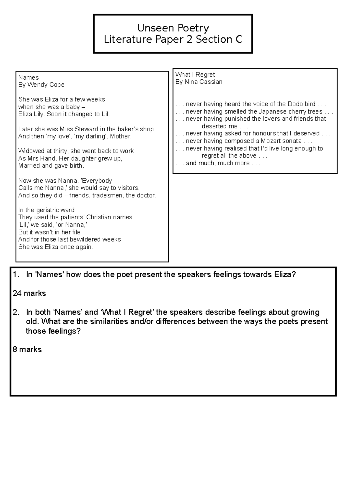 Unseen Poetry Mock Literature Paper 2 (11B) Analysis and Comparisons ...