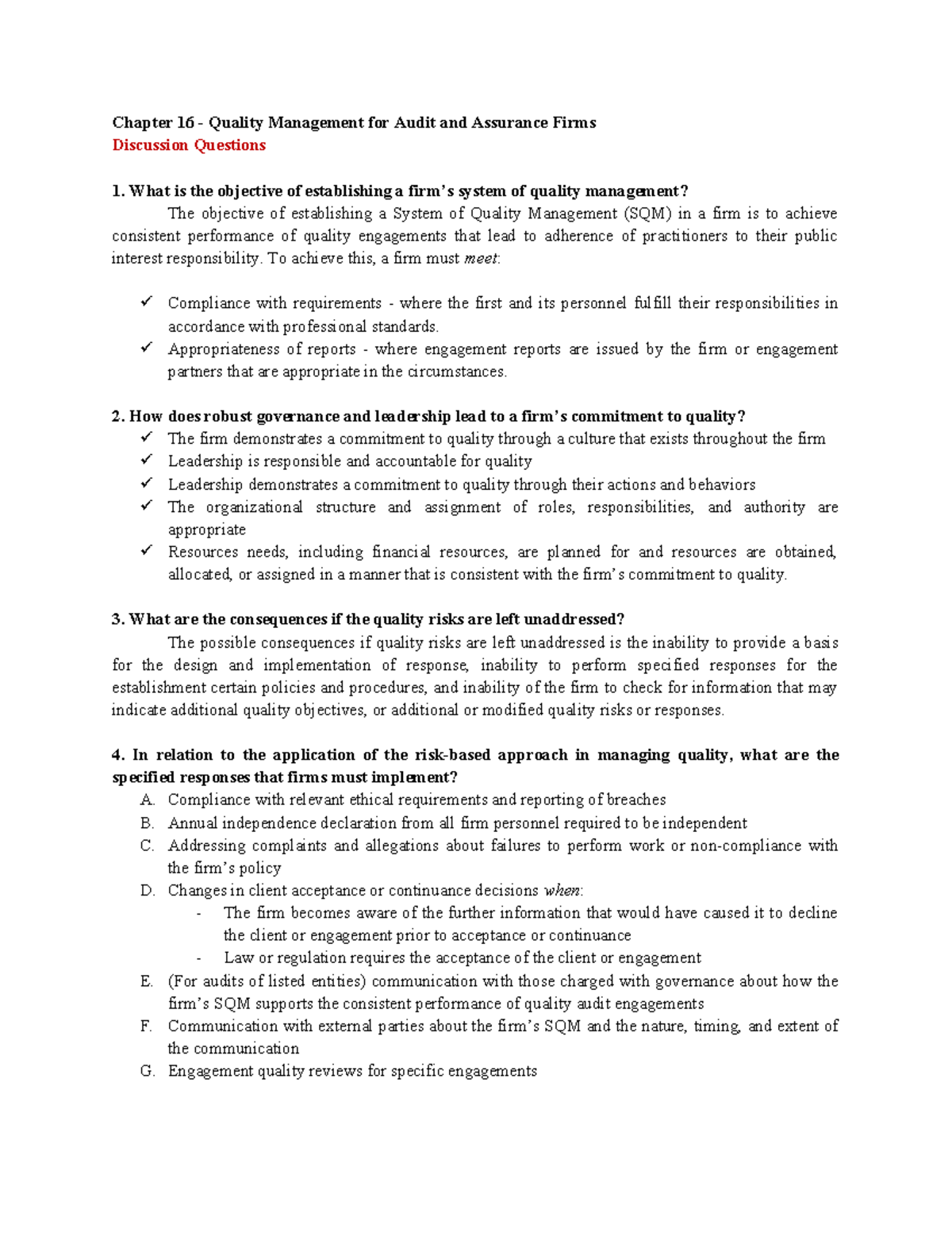 DQ Answers for Quality Management - Chapter 16 - Studocu
