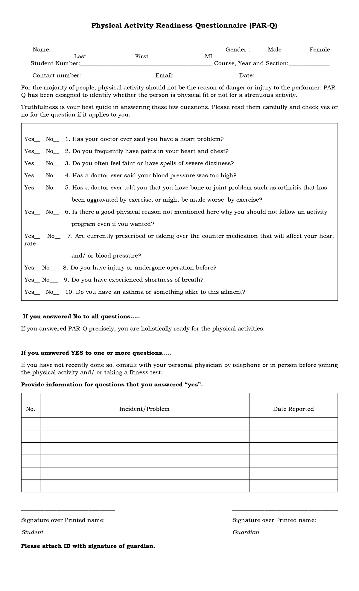PAR-Q Form - PE: Physical Activity Readiness Questionnaire - Studocu