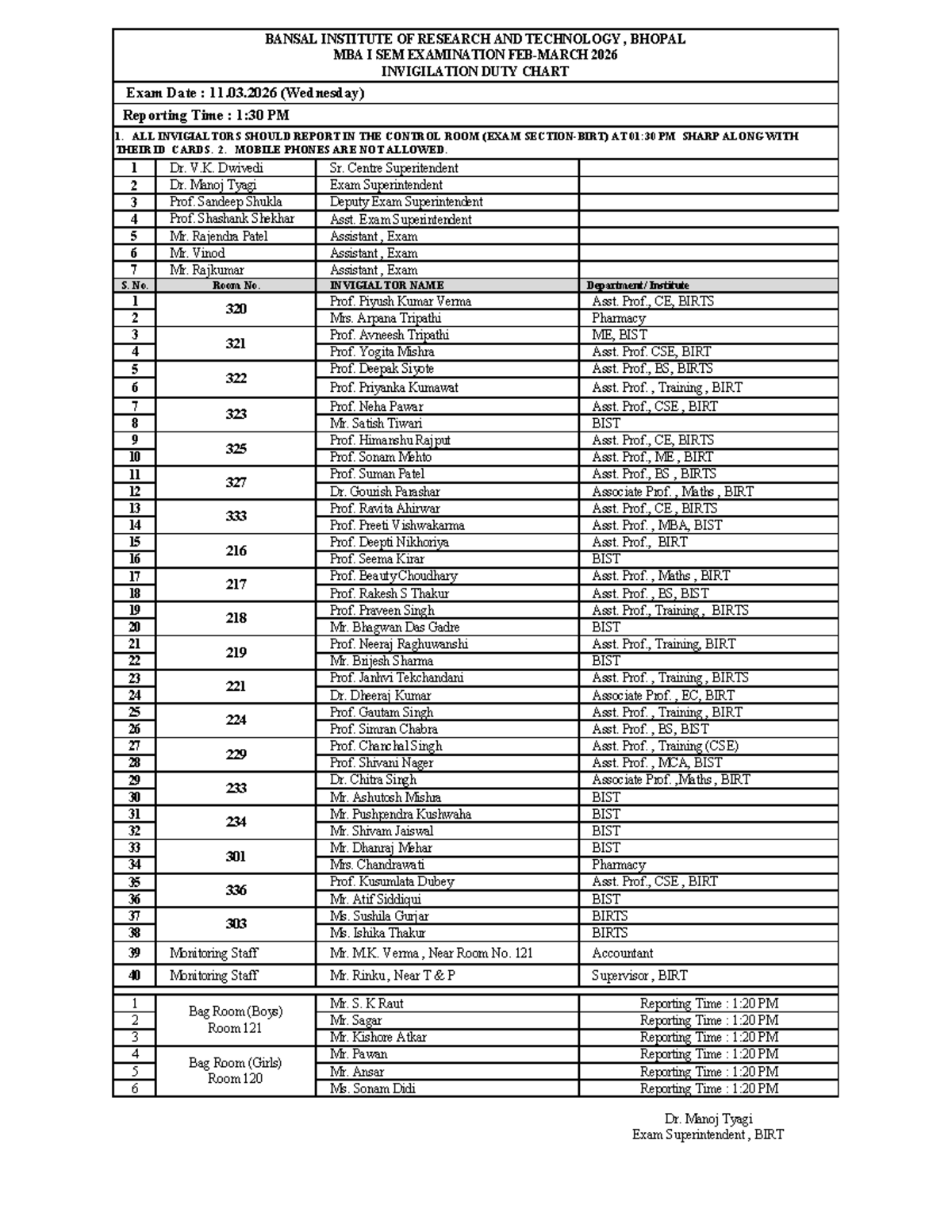 MBA I Sem Exam 2026 Invigilation Duty Chart - BIRT - Studocu