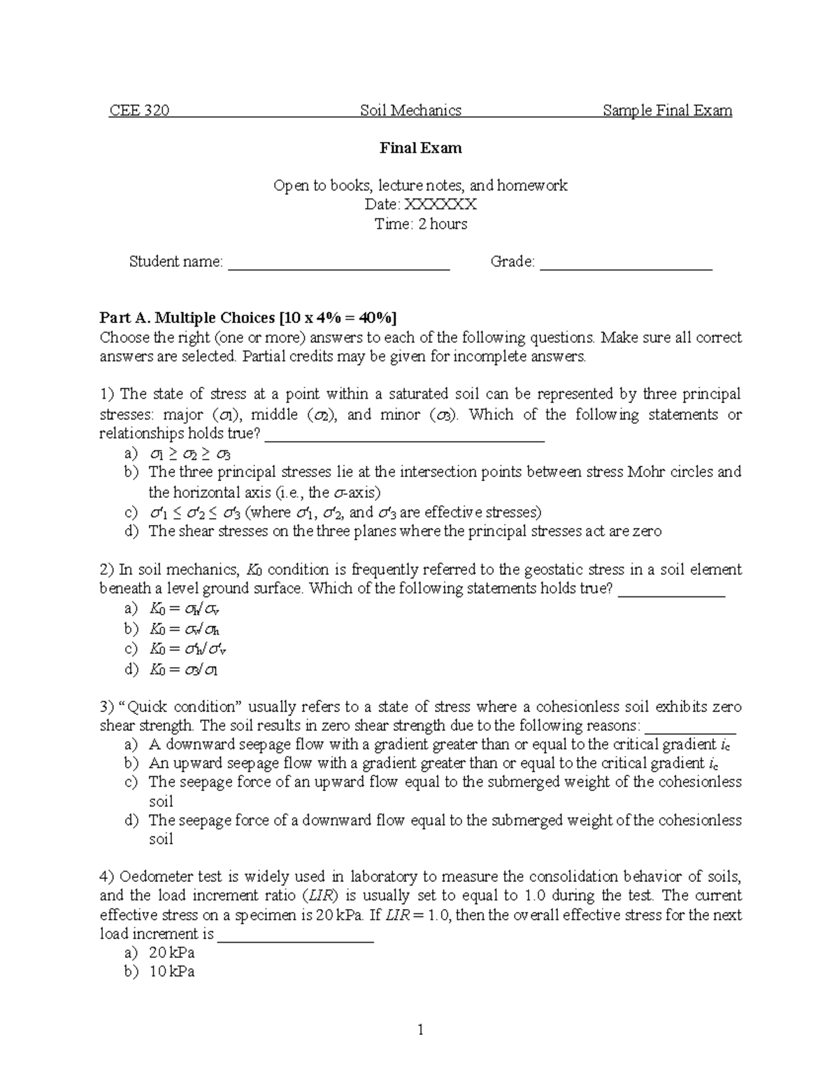 CEE 320 Soil Mechanics Final Exam Sample 2023 - Studocu