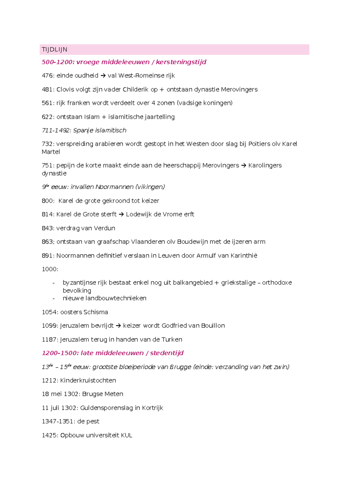 TIJDLIJN en BEGRIPPENLIJST: Vroege Middeleeuwen tot de Renaissance ...