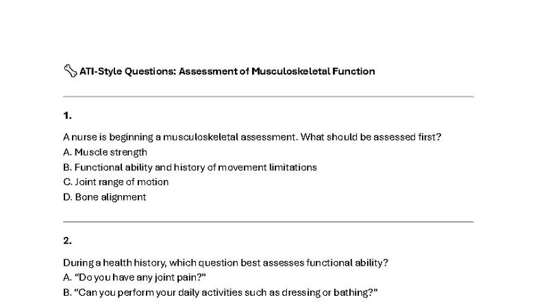 ATI-Style Questions: Musculoskeletal Function Assessment - Studocu