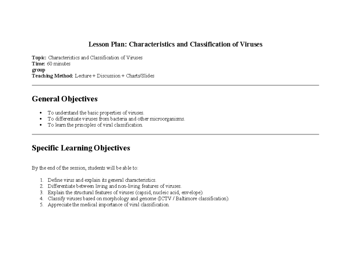 Lesson Plan: Characteristics & Classification of Viruses (BIO101) - Studocu