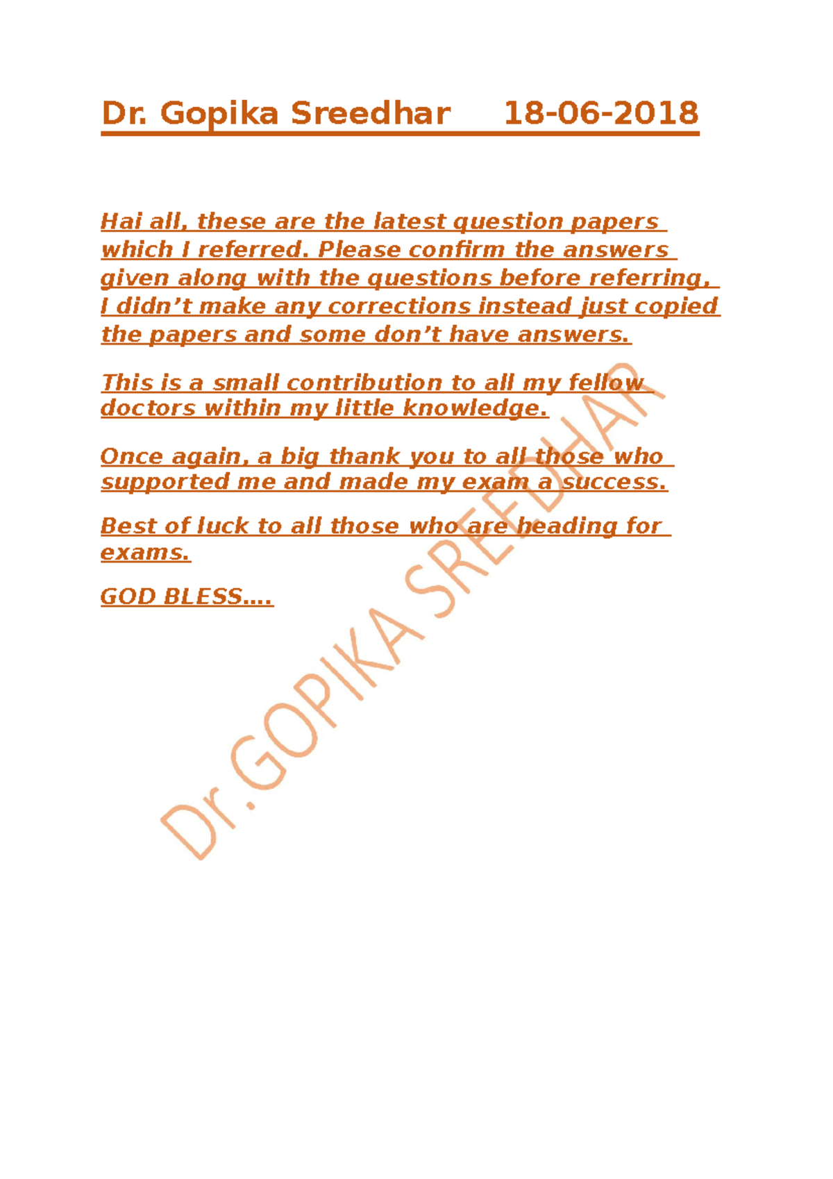 MOH 2018 - Dr. Gopika's Exam Question Papers & Answers - Studocu