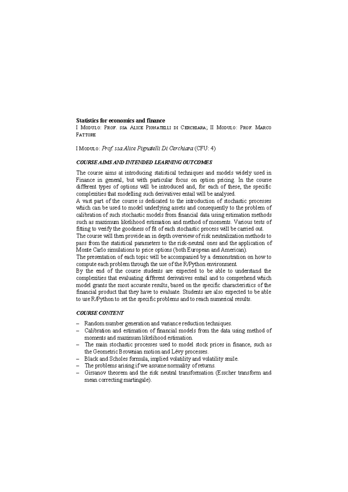 Statistics for Economics and Finance I: Course Overview and Content ...