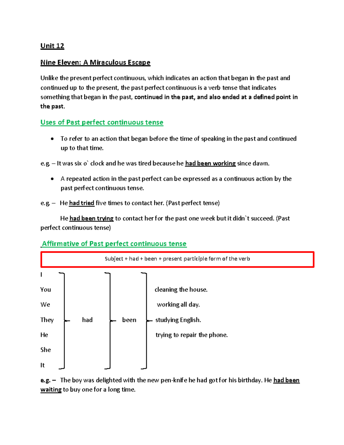 DIE U12 T - Past Perfect Continuous Tense Explained and Exercises - Studocu