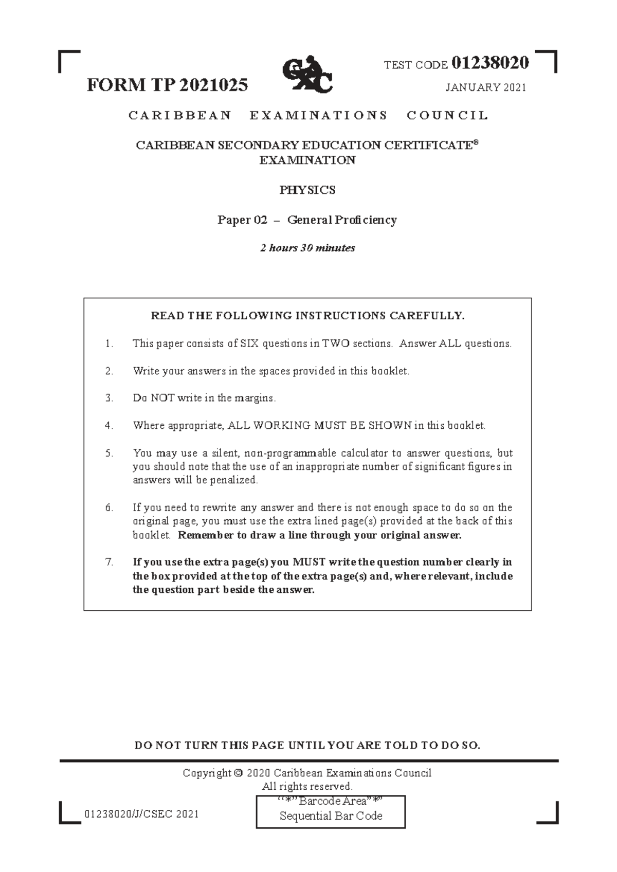 CSEC Physics Paper 02 General Proficiency Exam January 2021 - Studocu