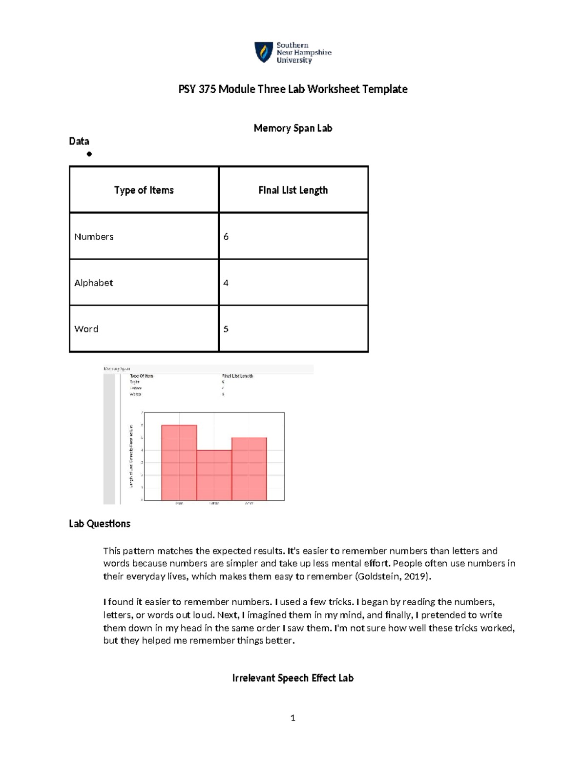PSY 375 Week 3 lab worksheet on memory span and irrelevant speech ...