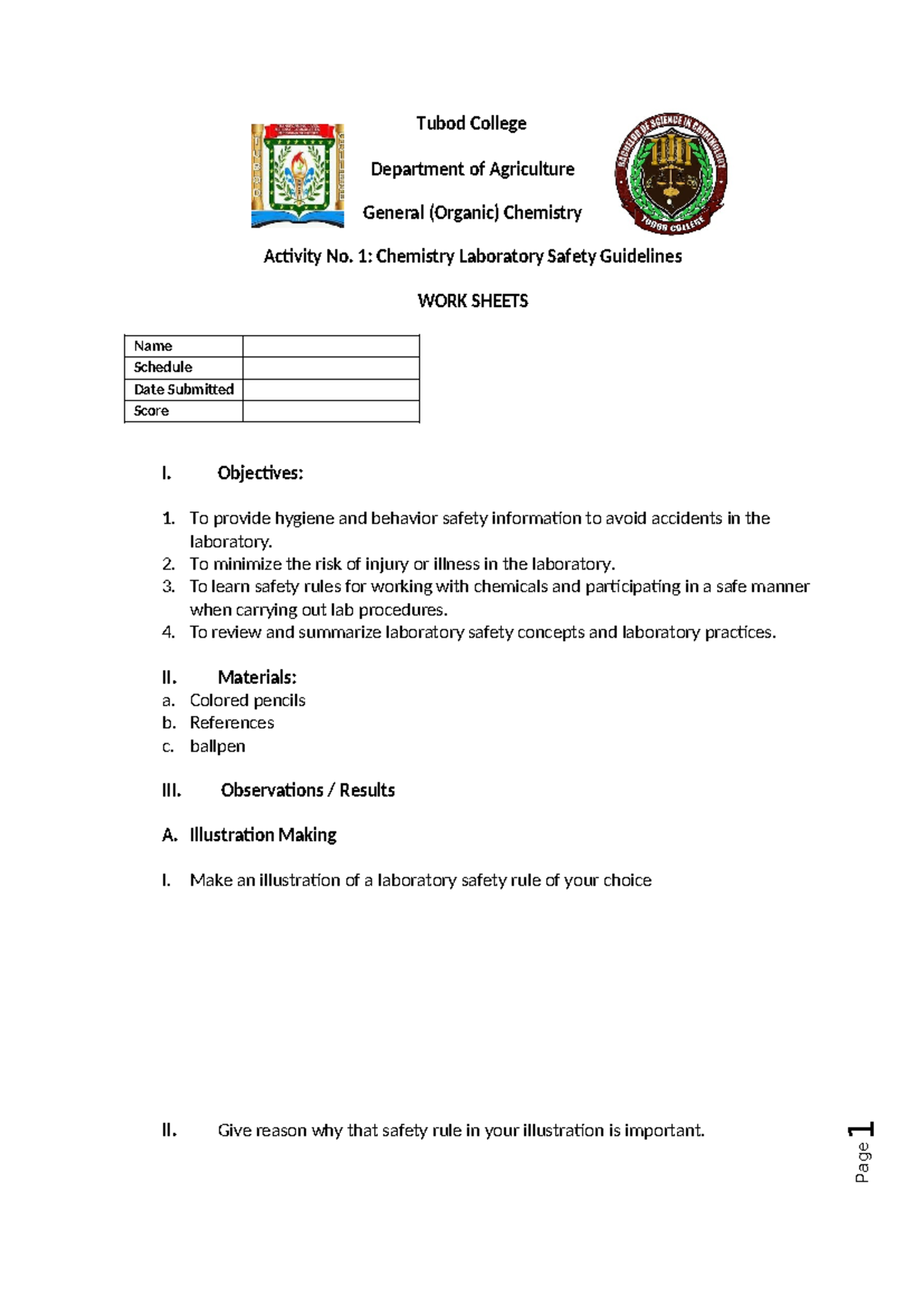 Activity 1: Chemistry Lab Safety Guidelines Worksheet - Studocu