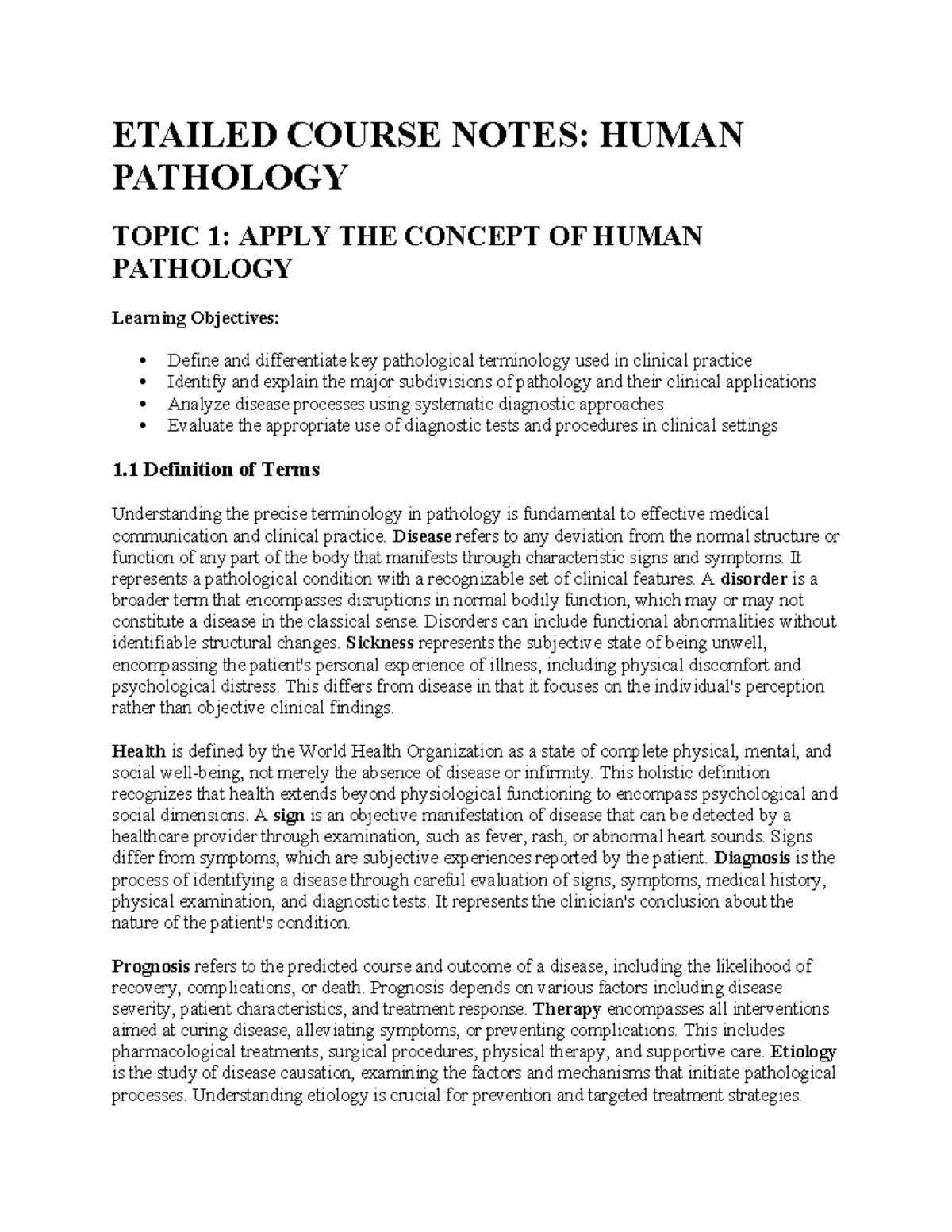 HUMAN PATHOLOGY COURSE NOTES: TOPICS 1-3 OVERVIEW - Studocu