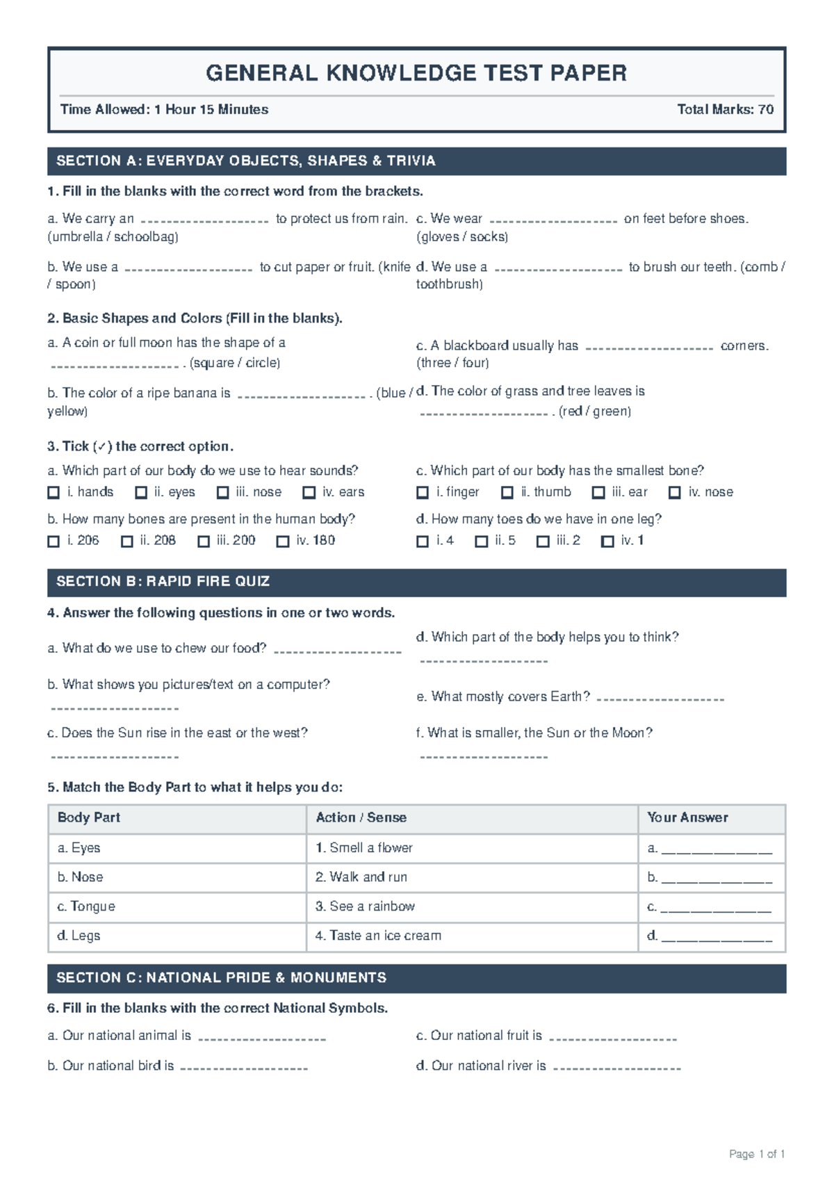 GENERAL KNOWLEDGE TEST PAPER: Everyday Objects & National Symbols - Studocu