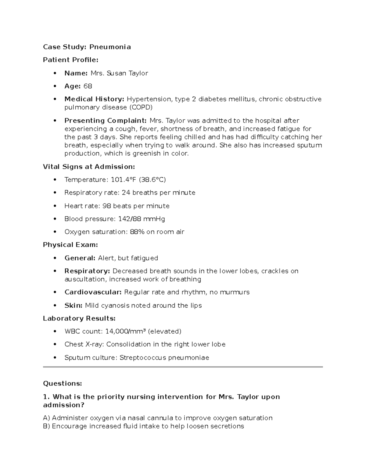 Case Study: Pneumonia Patient Profile - Mrs. Susan Taylor - Studocu