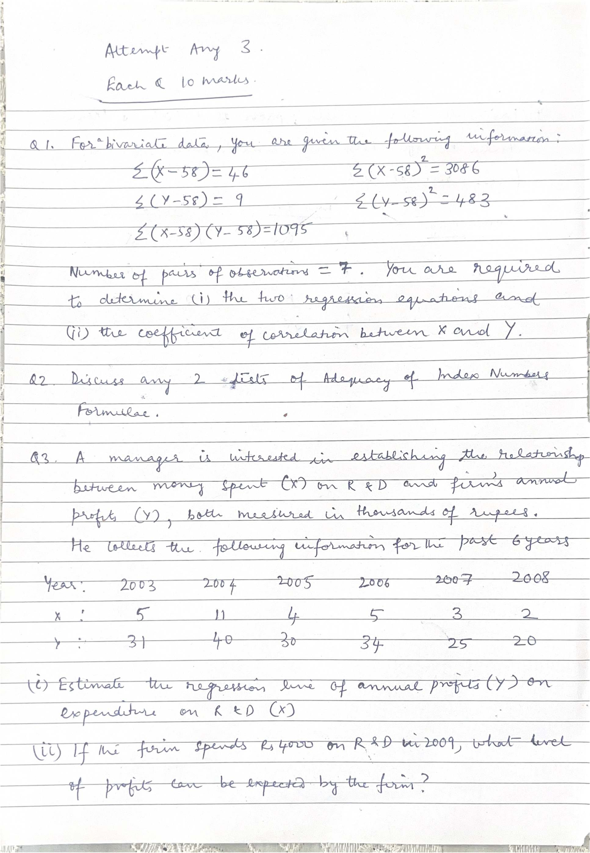 BS Class Test 1: Bivariate Data & Index Numbers Analysis - Studocu
