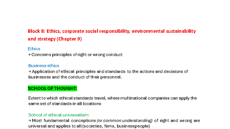 Block 8: Ethics & CSR in Business Strategy (Chapter 9) - Studocu
