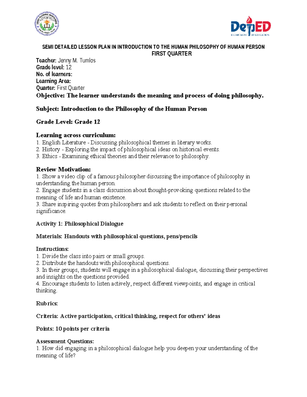 Philosophy Grade 12 - Semi Detailed Lesson Plan on Human Philosophy ...