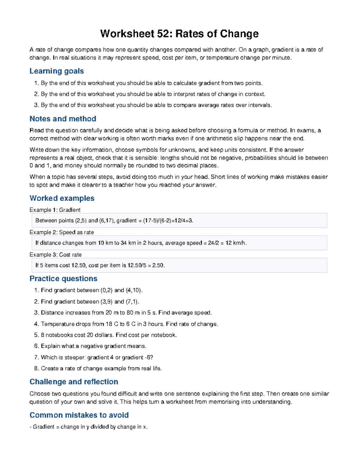 Worksheet 52: Rates of Change - Maths Study Guide for Success - Studocu