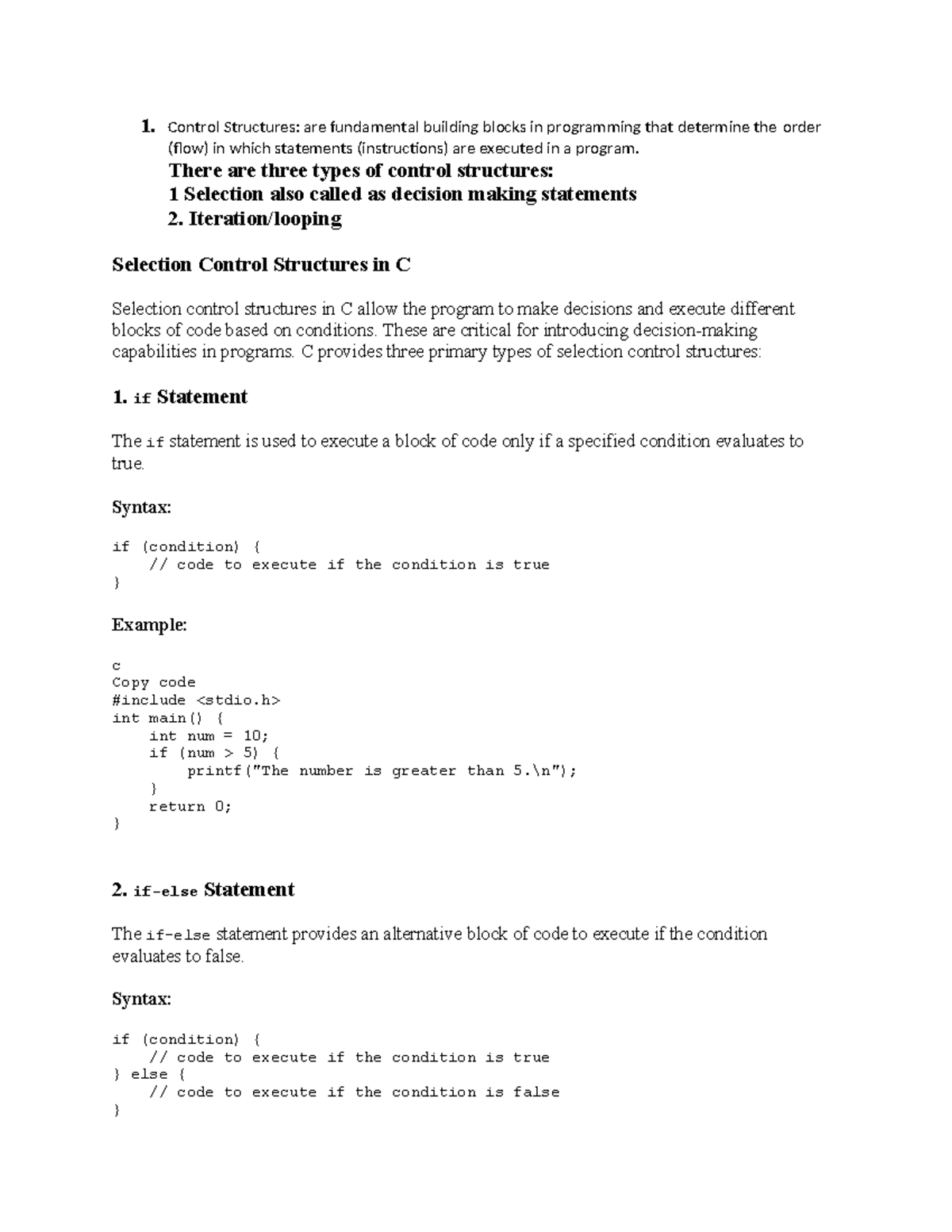 Control Structures in C: Selection and Iteration Explained - Studocu
