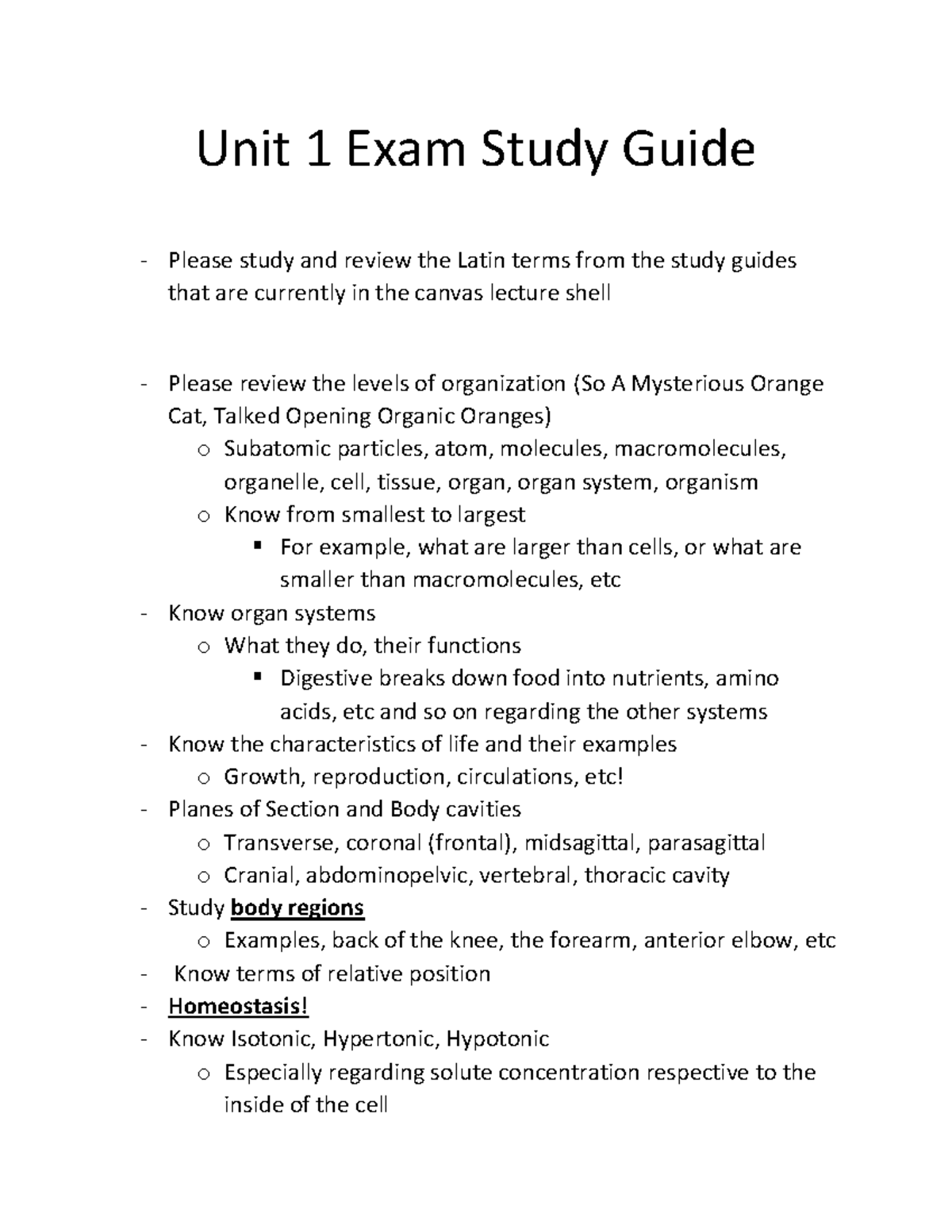 Unit 1 Exam Study Guide A&P 1 (1) - Unit 1 Exam Study Guide Please study and review the Latin ...