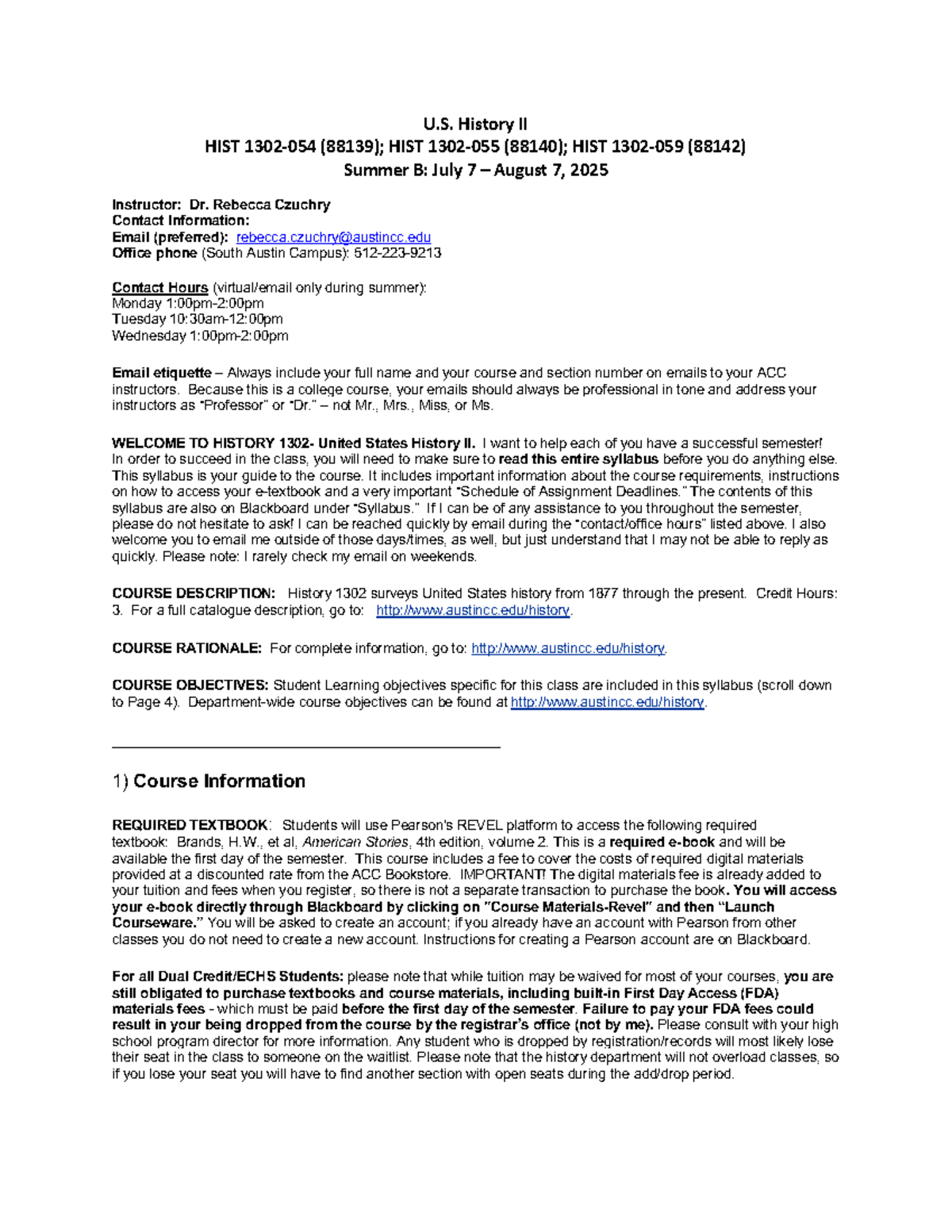 Summer 2025 HIST 1302 Syllabus: U.S. History II Overview - Studocu