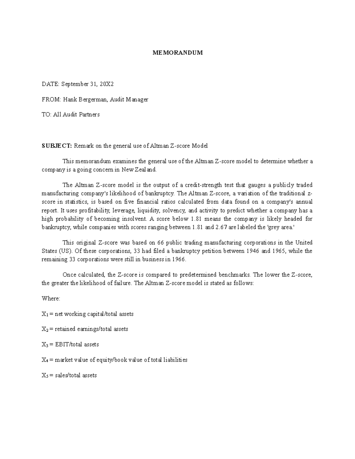 Going Concern - Lecture notes 2 - MEMORANDUM DATE: September 31, 20X ...