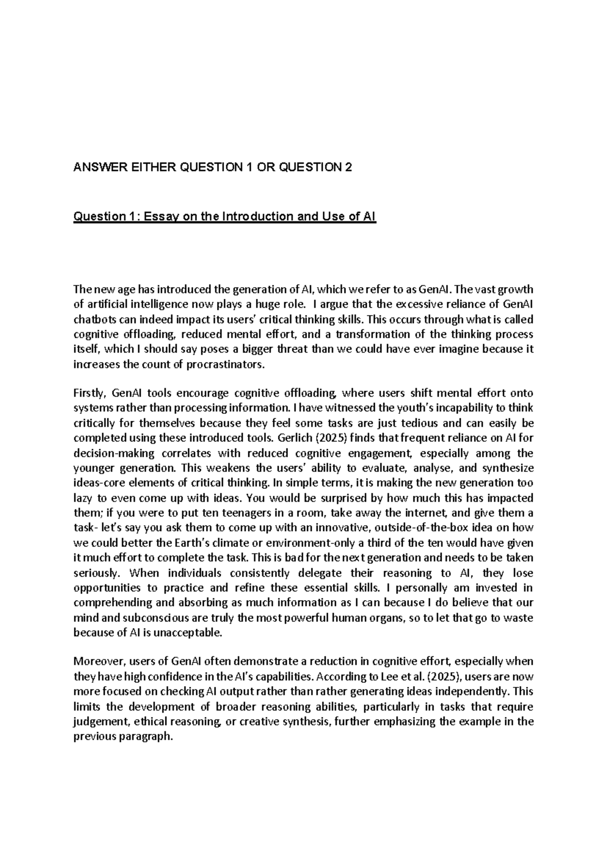 ENG1503 - Essay on AI's Impact on Critical Thinking Skills - Studocu
