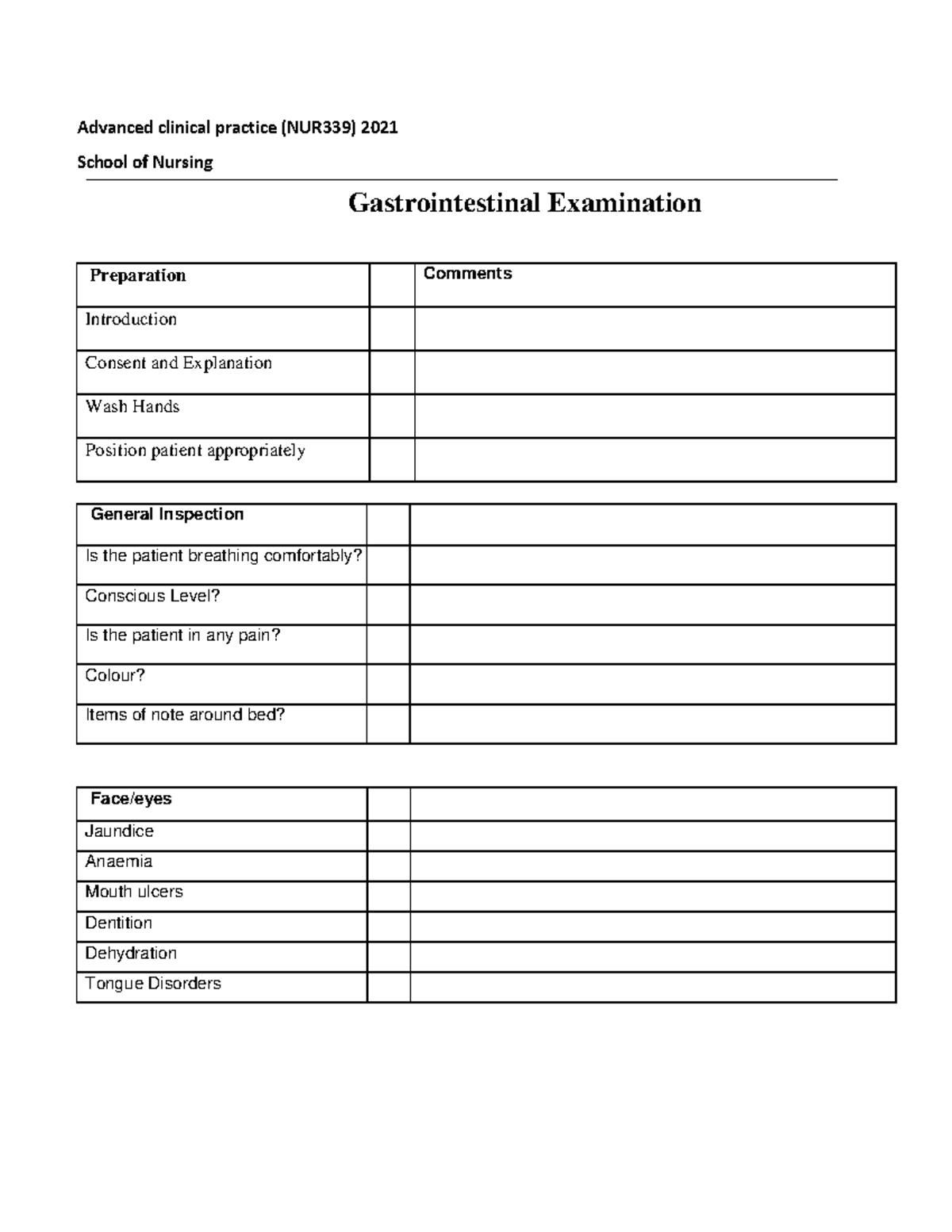 Gastrointestinal Examination - Advanced clinical practice (NUR339) 2021 ...