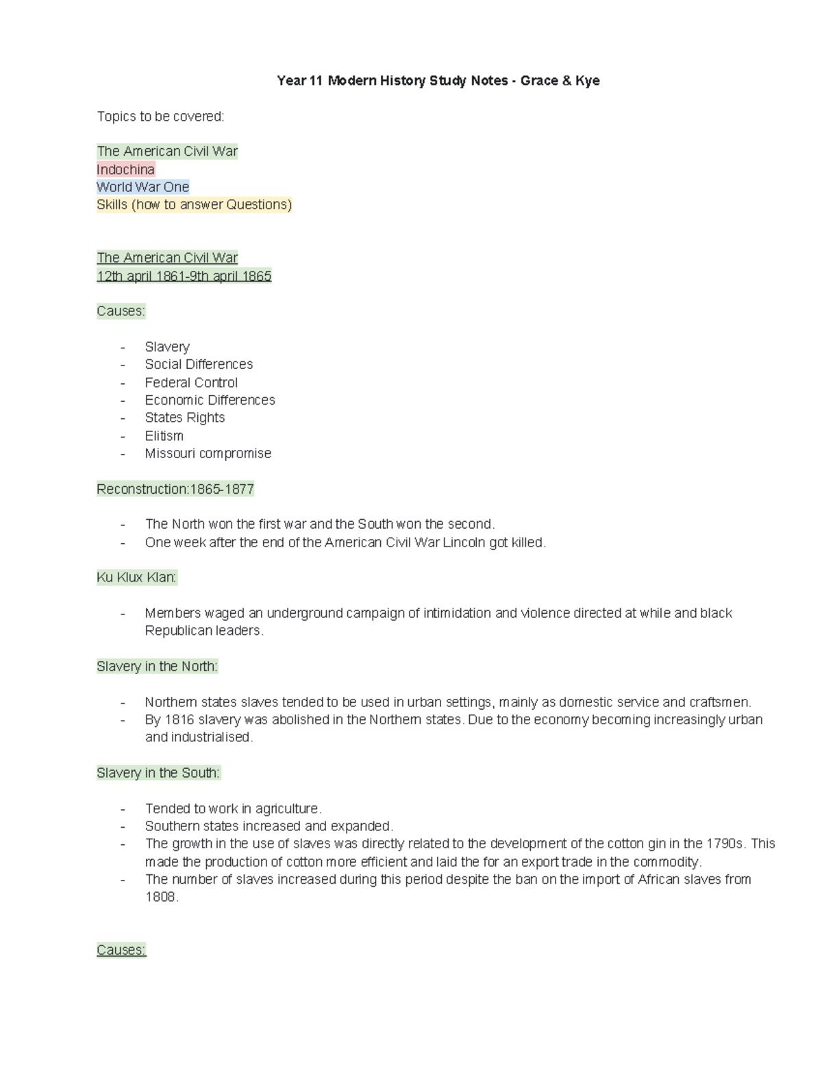 Year 11 Modern History Final Exam Notes: Civil War to WW1 Insights ...