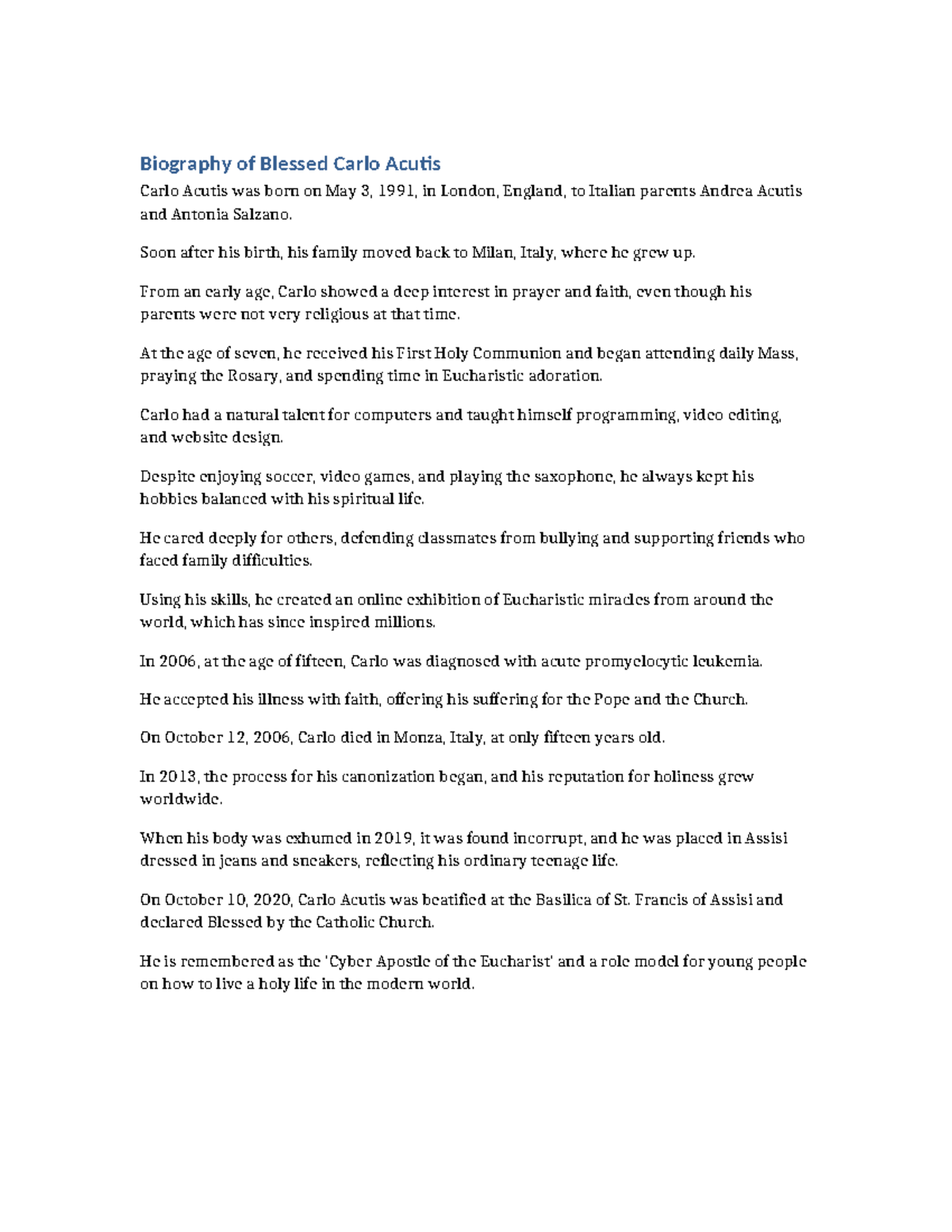 Biography of Blessed Carlo Acutis: A Modern Apostle - Studocu