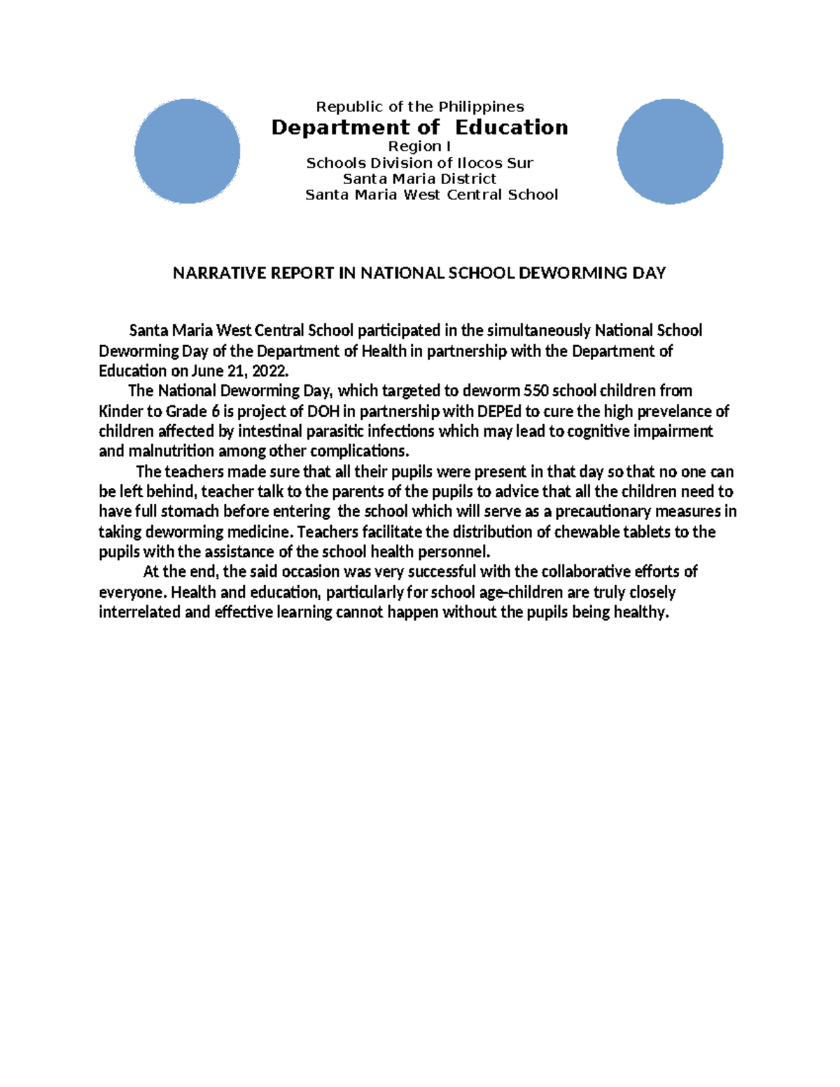 Narrative Report: National School Deworming Day 2022 - Studocu