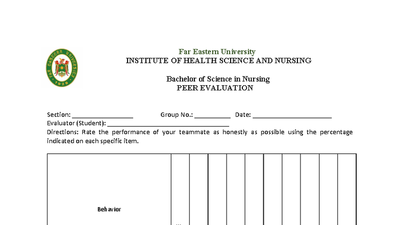Peer Evaluation Form for CHN2 - Nursing Group Assessment 2024 - Studocu