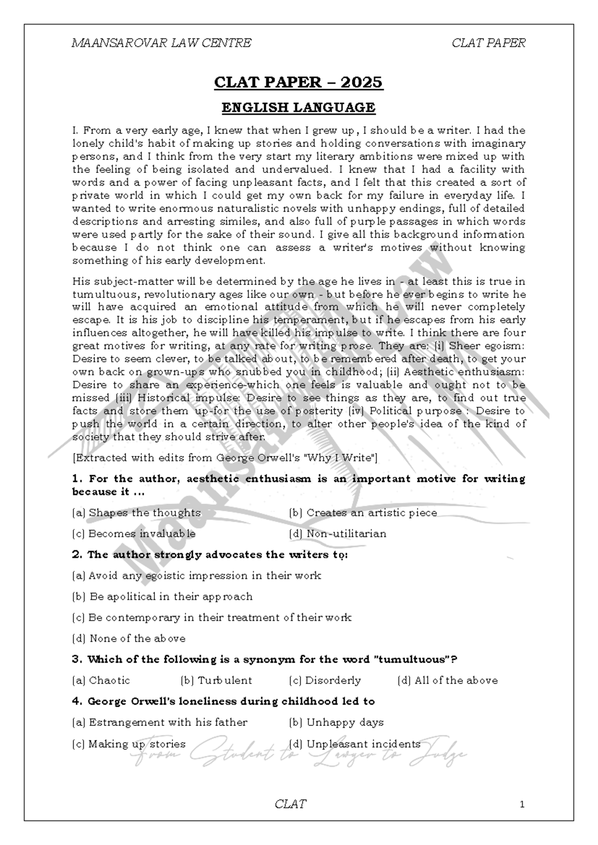 CLAT 2025: Paper & Answer Key Set 3 - Comprehensive Review - Studocu