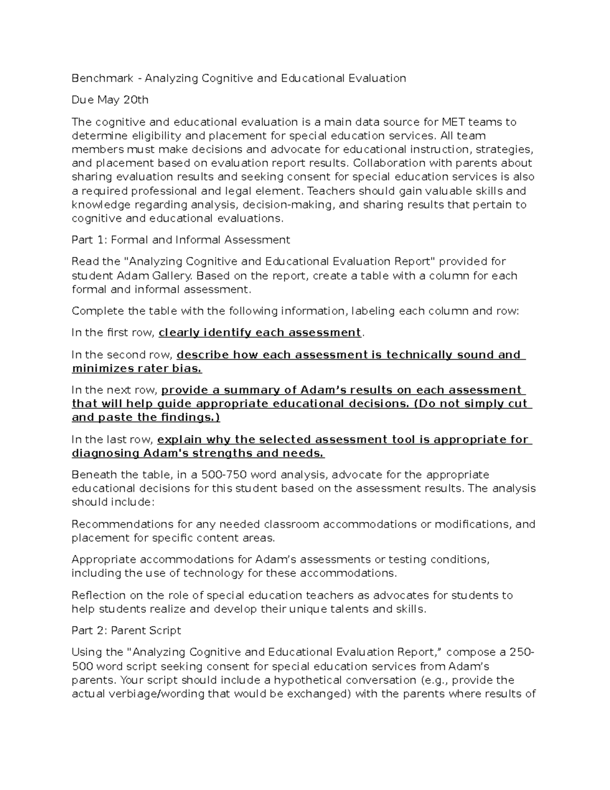 Benchmark - SPD 578: Analyzing Educational Evaluations for Special Ed - Studocu