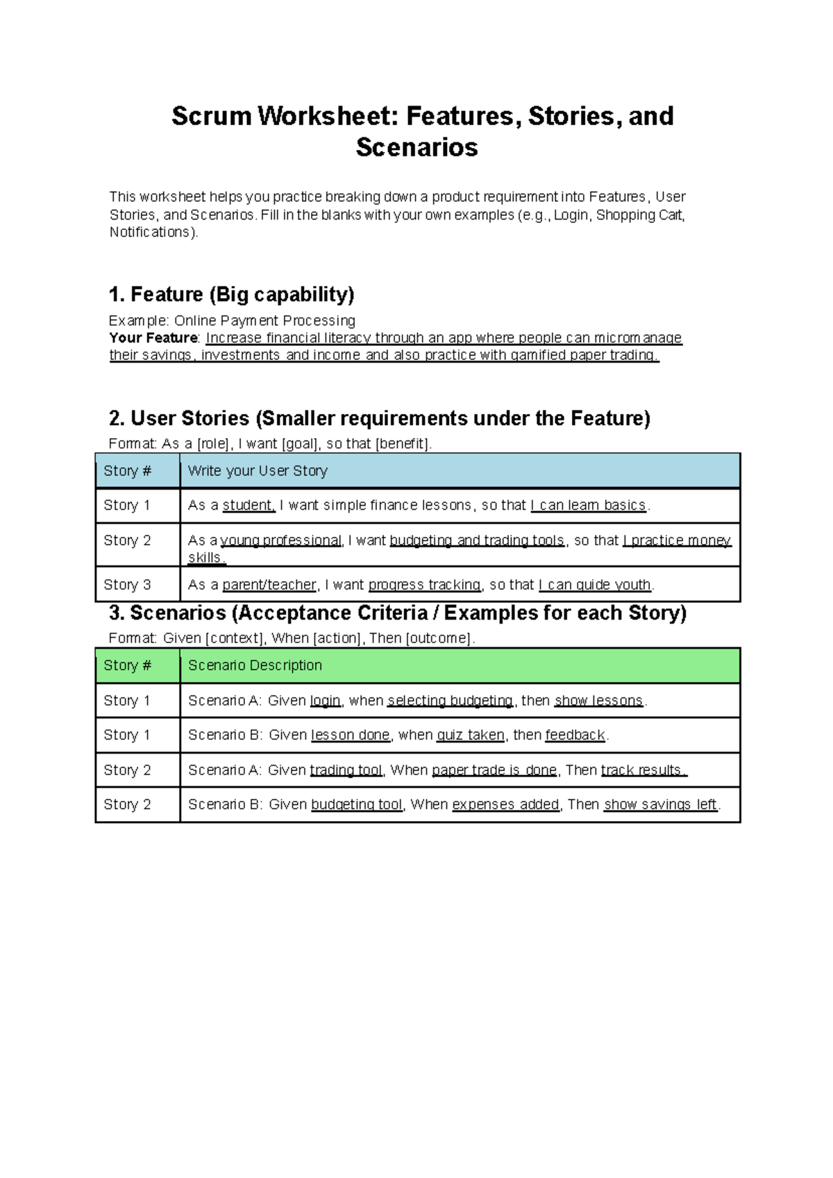 Scrum Worksheet: Features, User Stories, and Scenarios for Adi se - Studocu