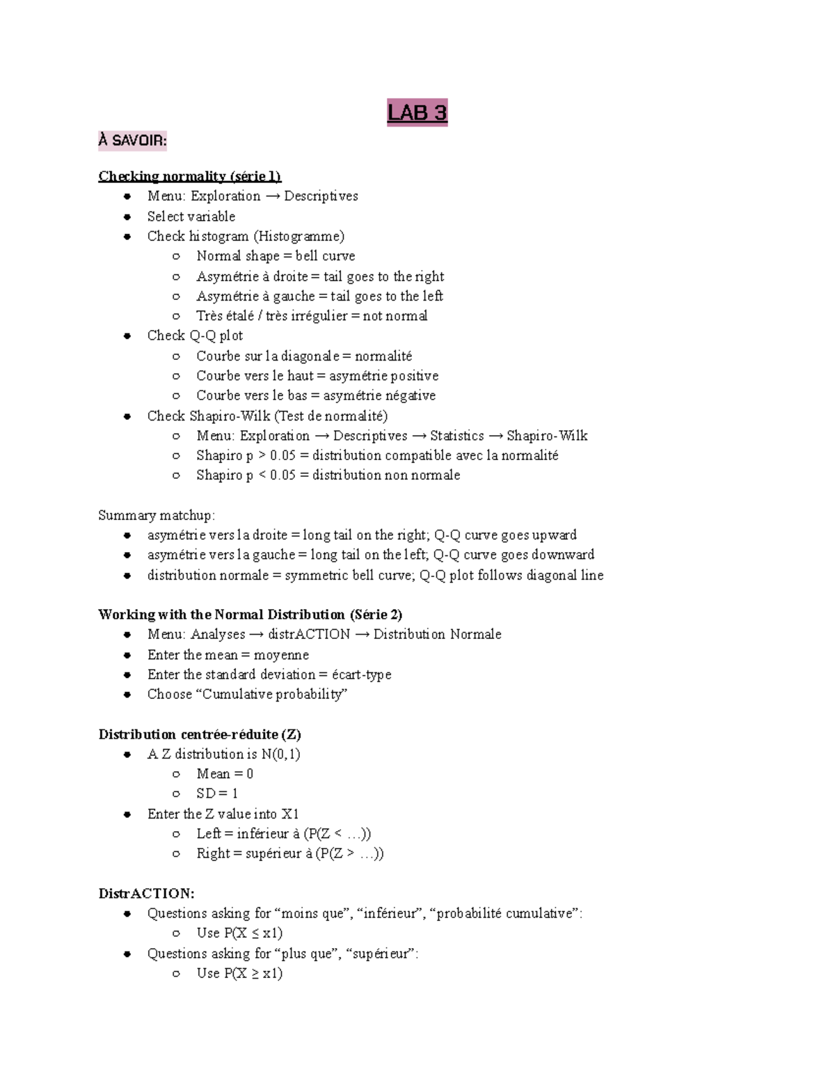 Jamovi LAB 3 Cheat Sheet: Normality & Distributions - Studocu