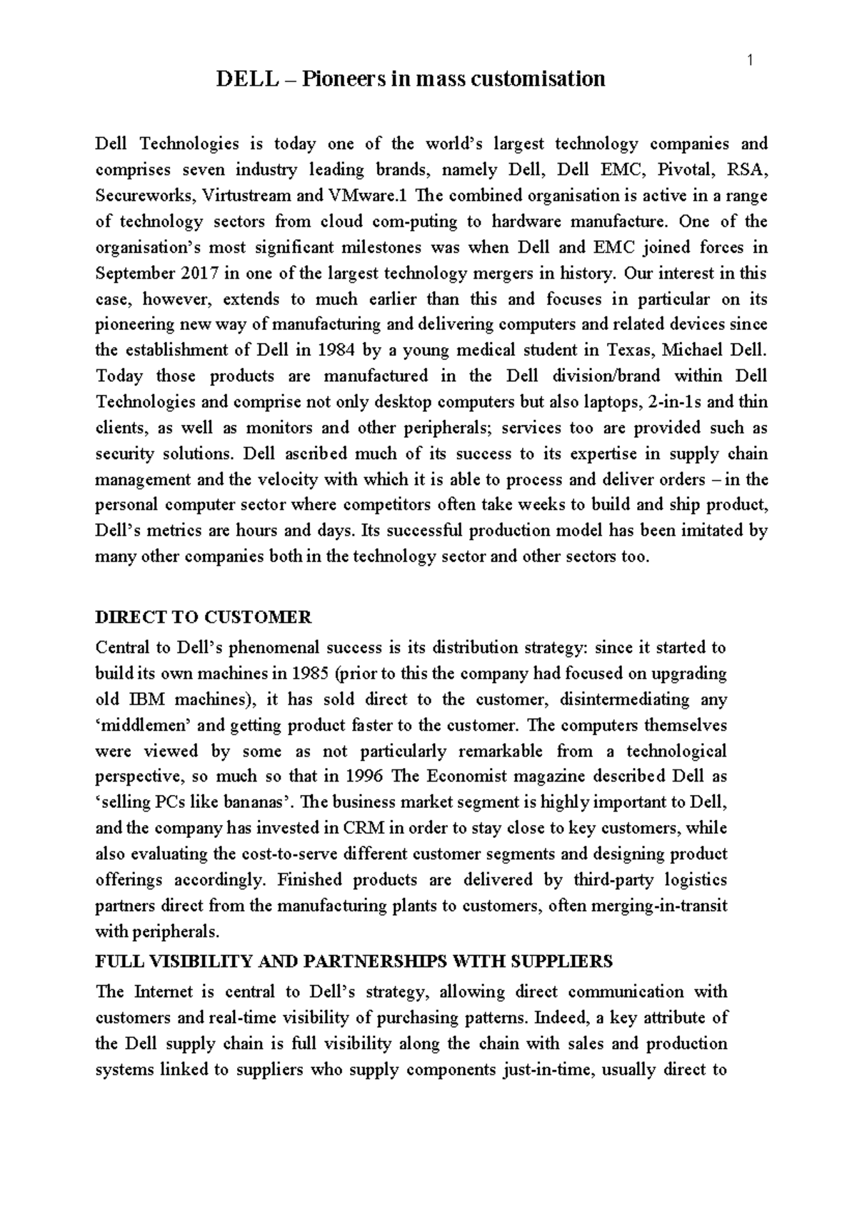 Case Study: DELL's Pioneering Mass Customization Strategy - Studocu