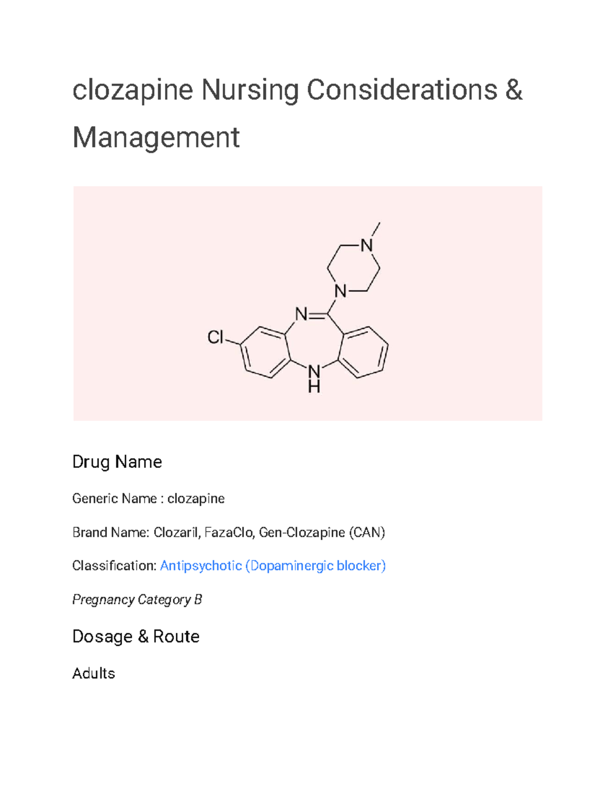 Clozapine Nursing Considerations: Management & Care Notes - Studocu