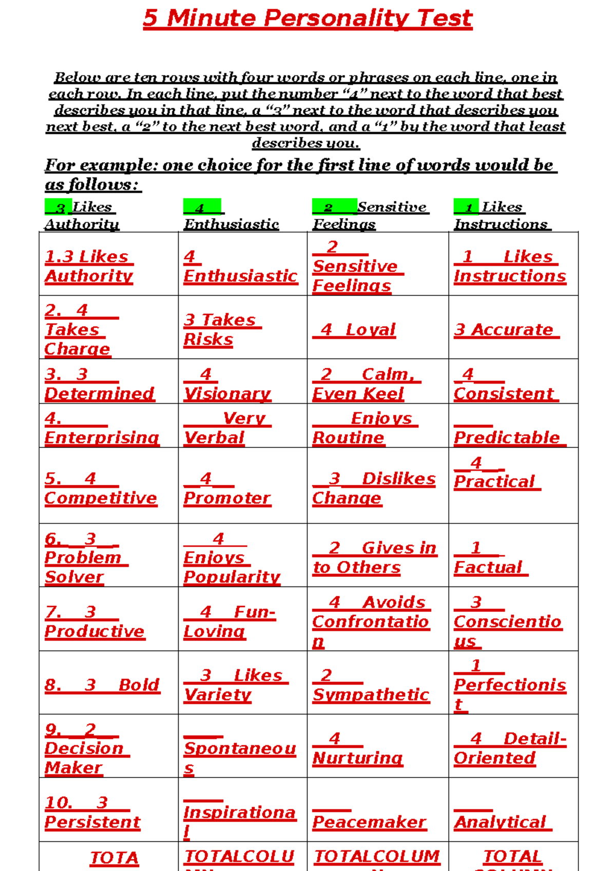 5 Min Personality Test Instructions & Scoring Guide - Studocu