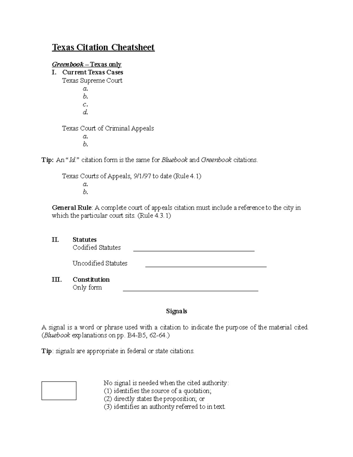 Texas Greenbook Citation Cheat Sheet for Law Students - Studocu