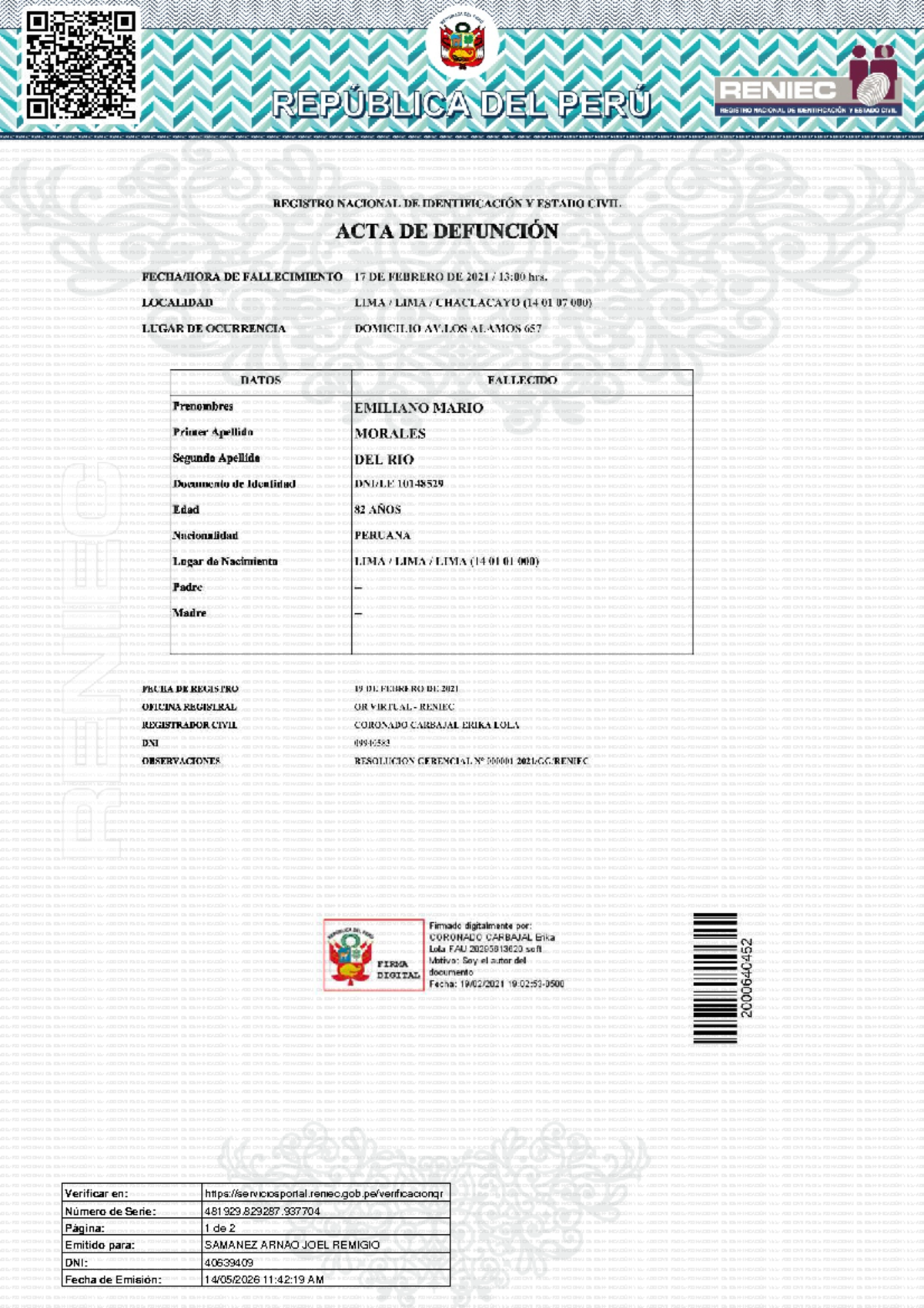 EGISTRO NACIONAL DE IDENTIFICACIÓN Y ESTADO CIVIL - ACTA DE DEFUNCIÓN ...