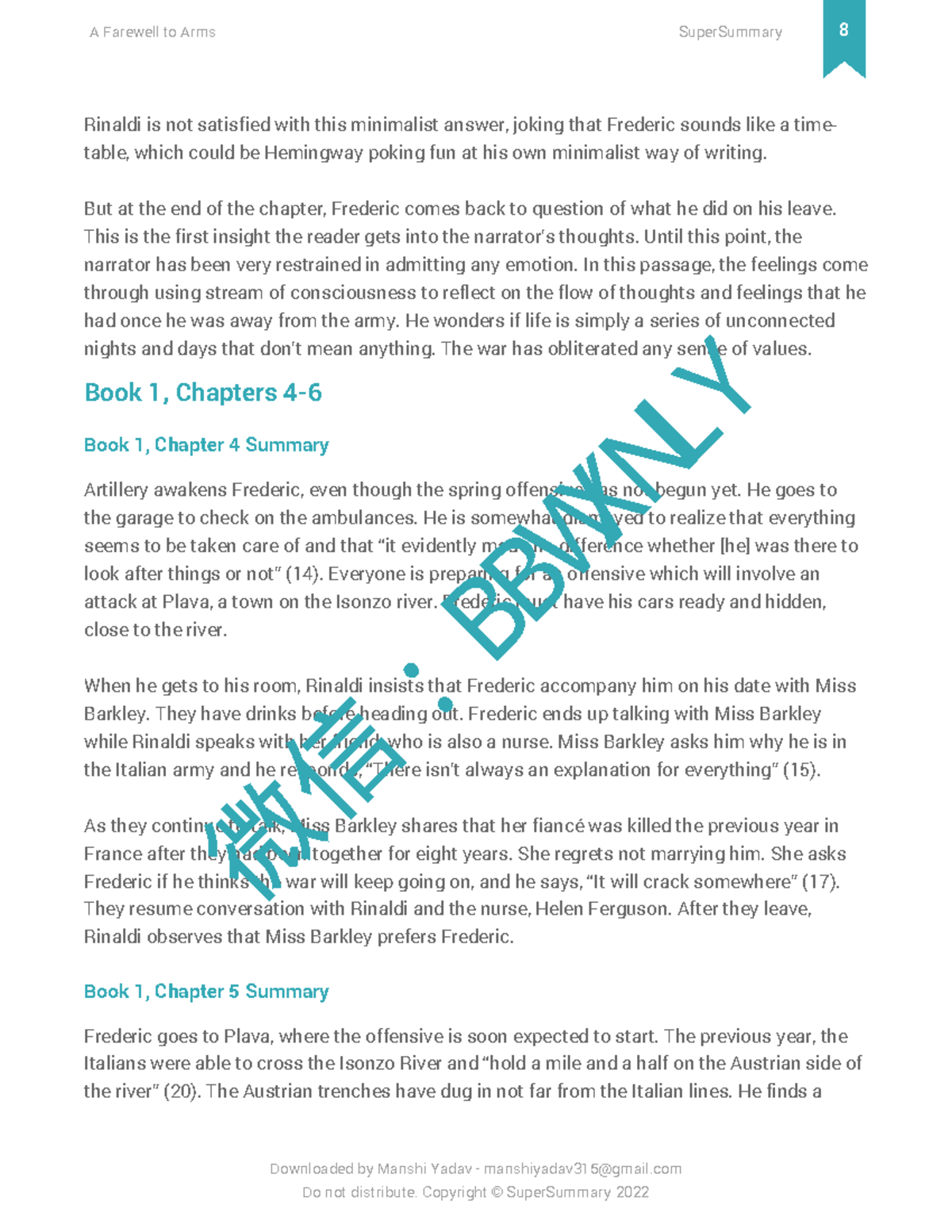 A Farewell to Arms - Super Summary Study Guide 9 - Rinaldi is not ...