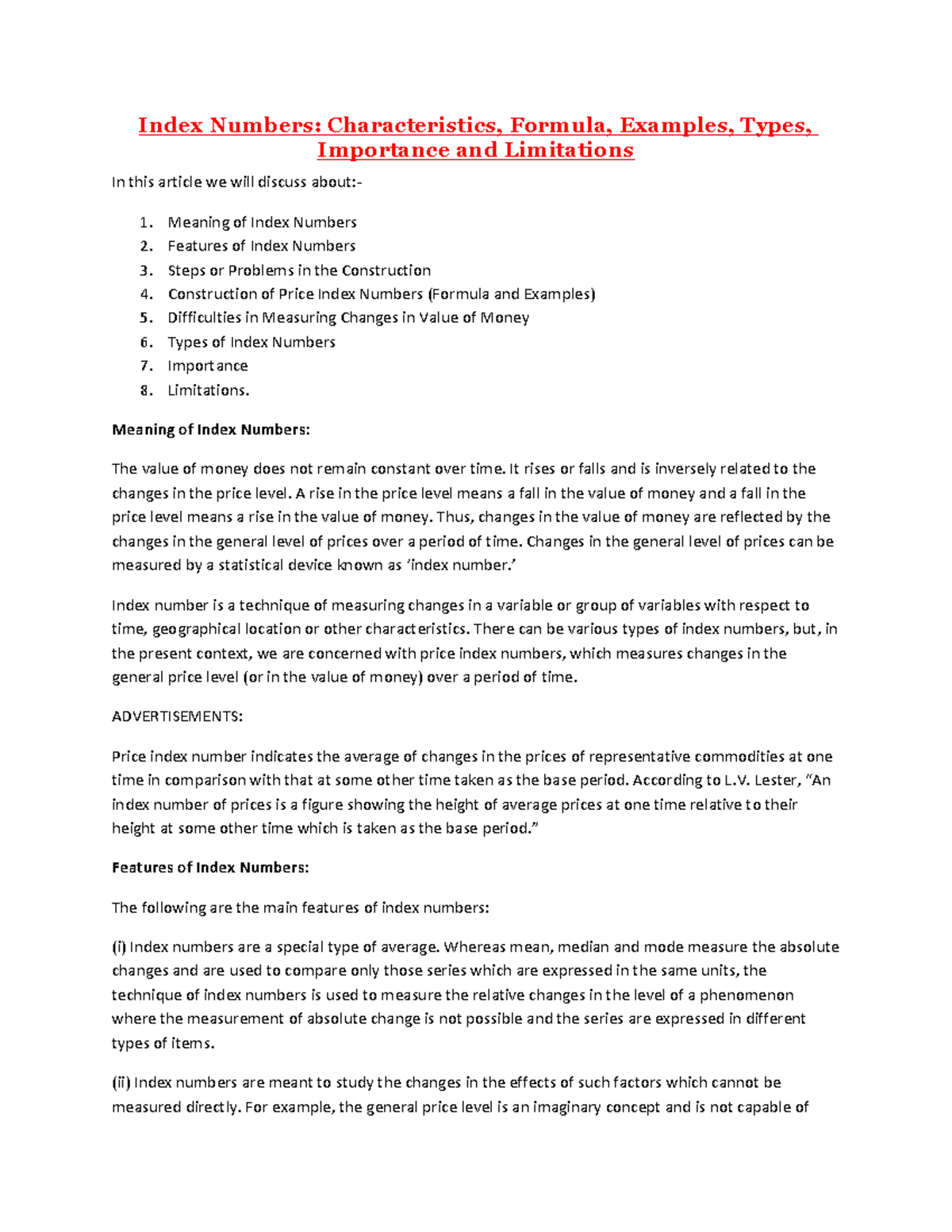 Index Numbers (Topic 5): Characteristics, Types, and Limitations - Studocu