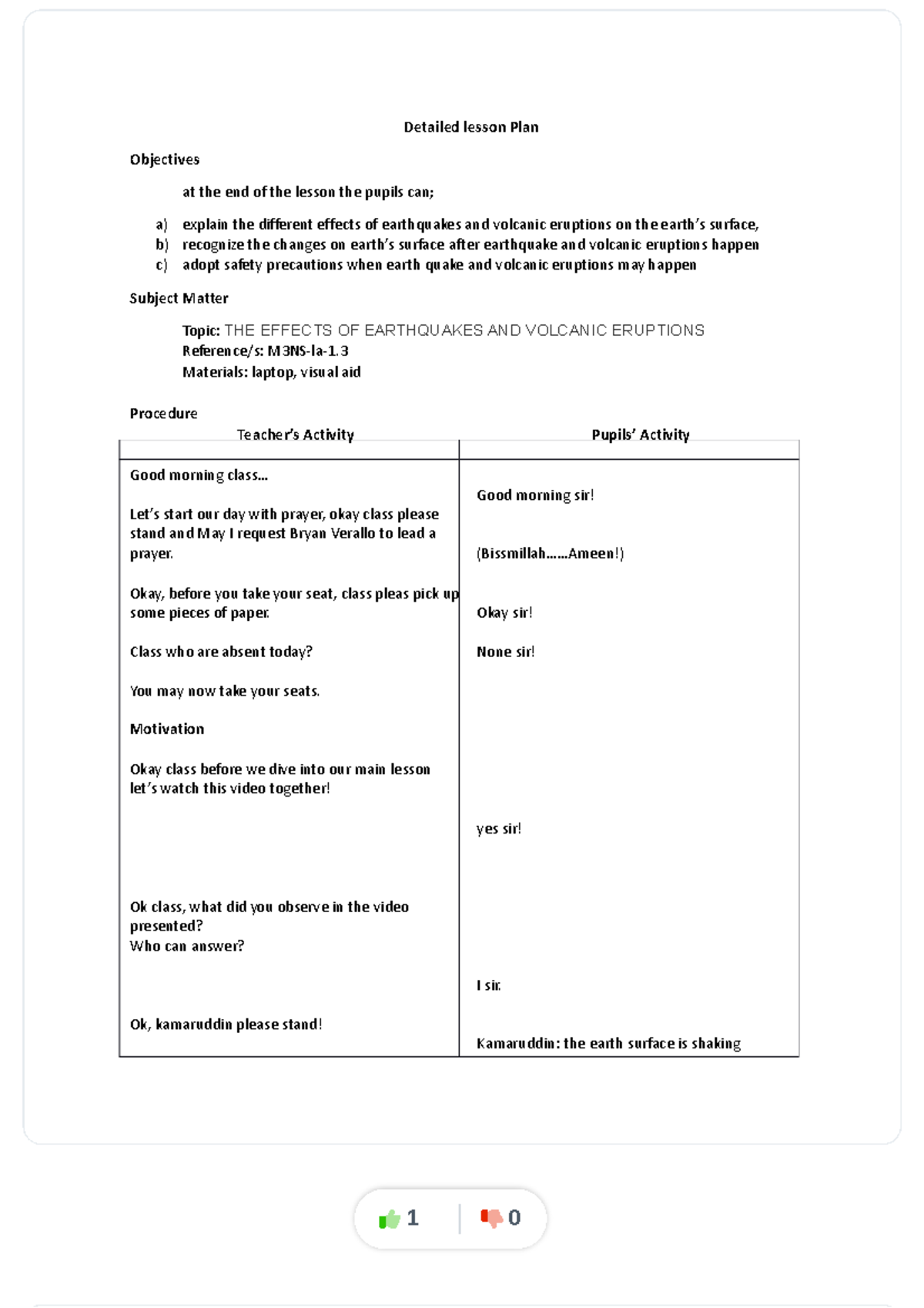 Detailed Lesson Plan: Effects of Earthquakes & Volcanic Eruptions - Studocu