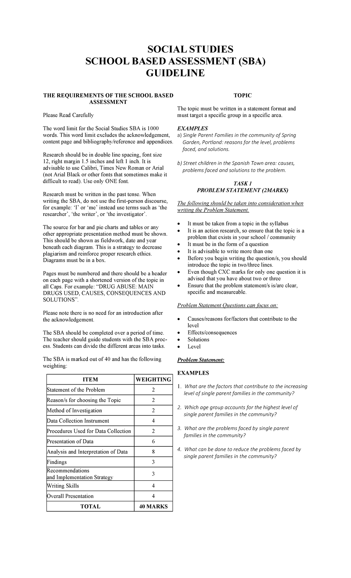 CSEC SOCIAL STUDIES SBA Guidelines for Effective Research - Studocu