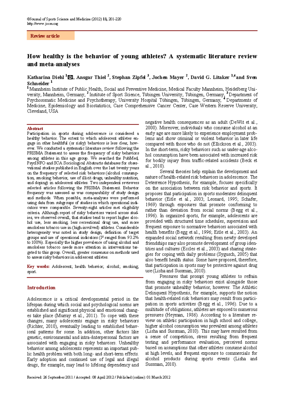Risk Behaviors in Adolescent Athletes: A Systematic Review (T1) - Studocu