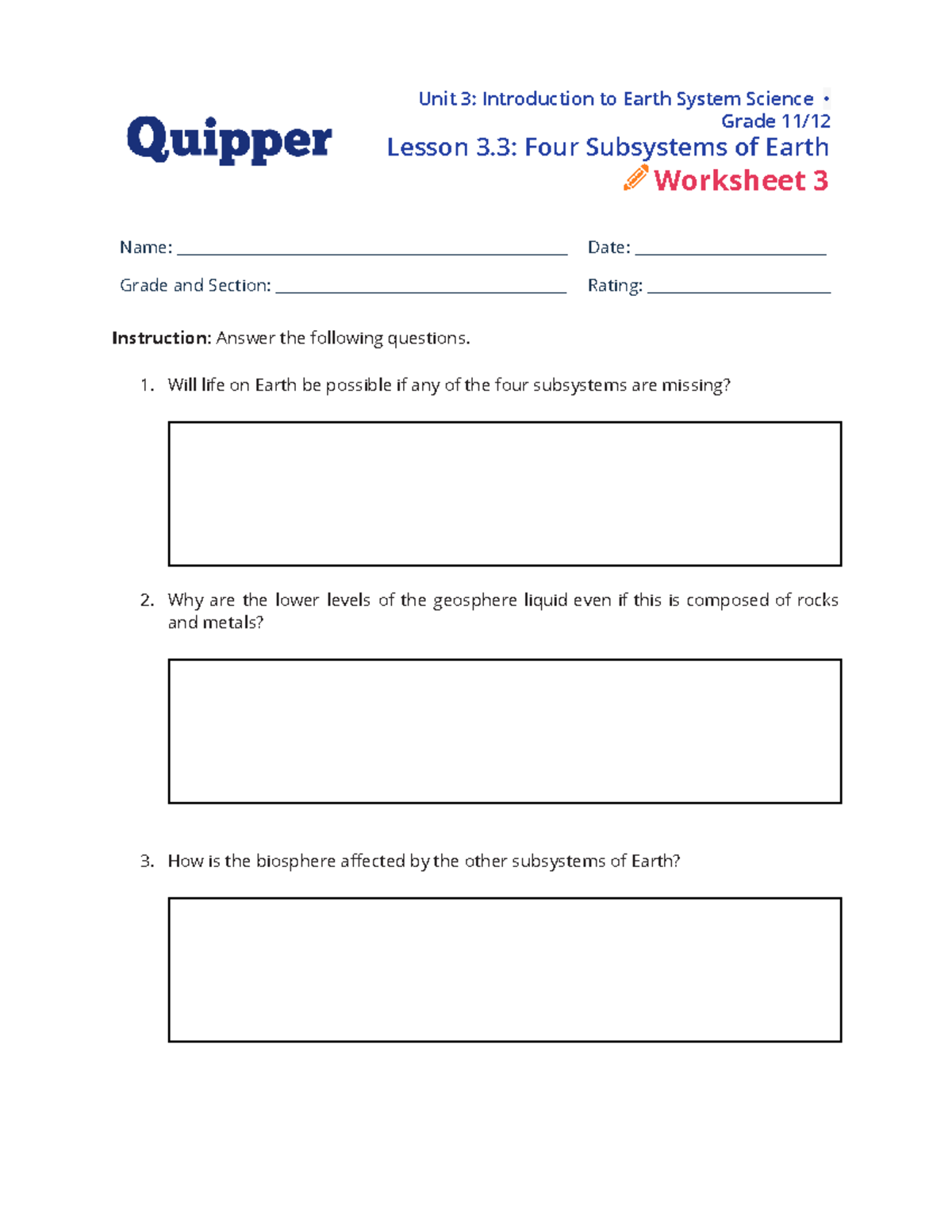 Earth Science SHS 3.2 Worksheet 3 - Unit 3: Introduction to Earth ...