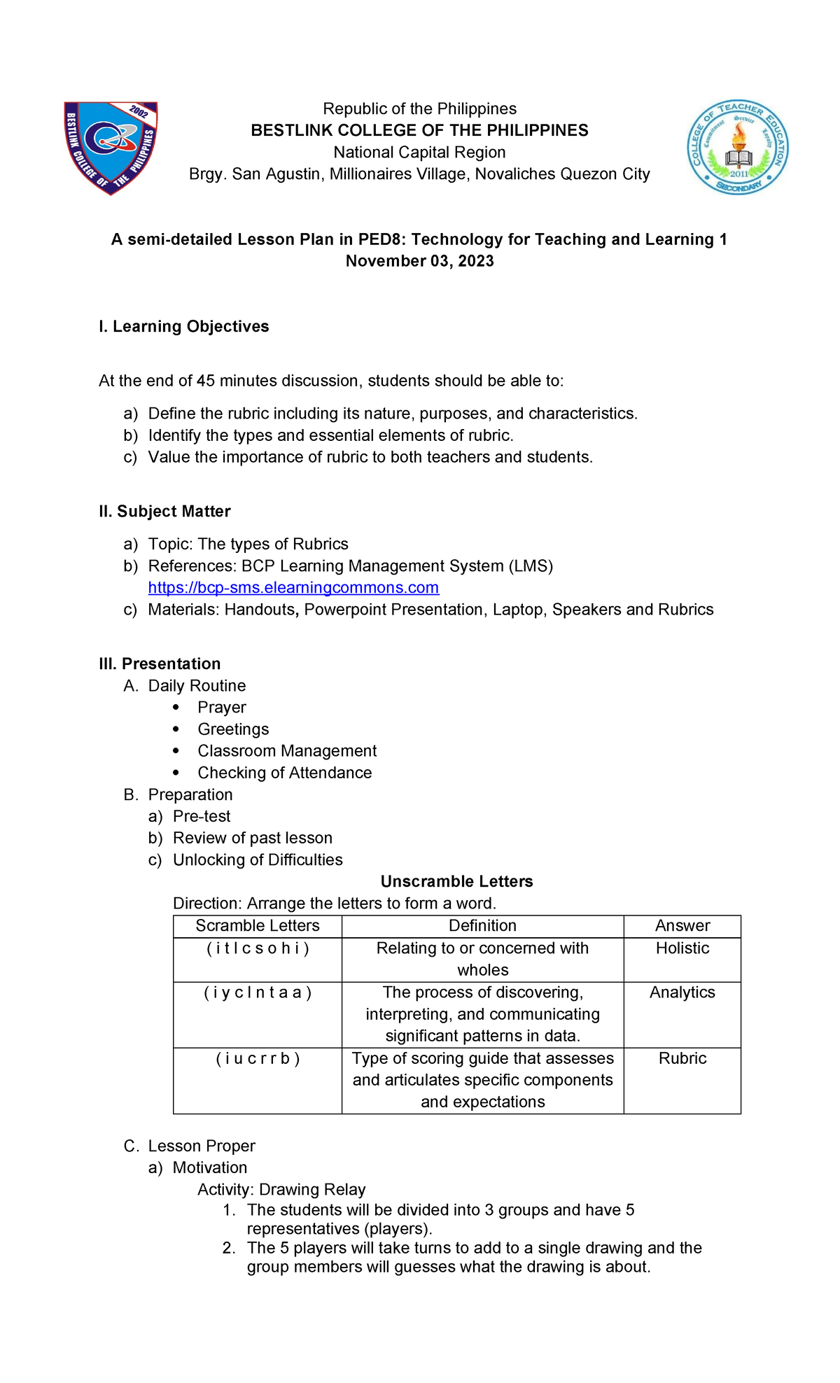 PED8 - Lesson Plan on Rubrics: Types, Importance, and Activities - Studocu