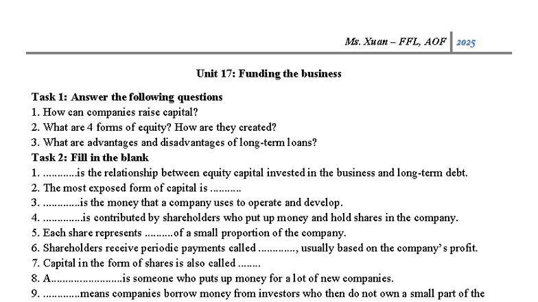 Unit 17: Funding the Business - Review Questions & Tasks (AOF 2025 ...