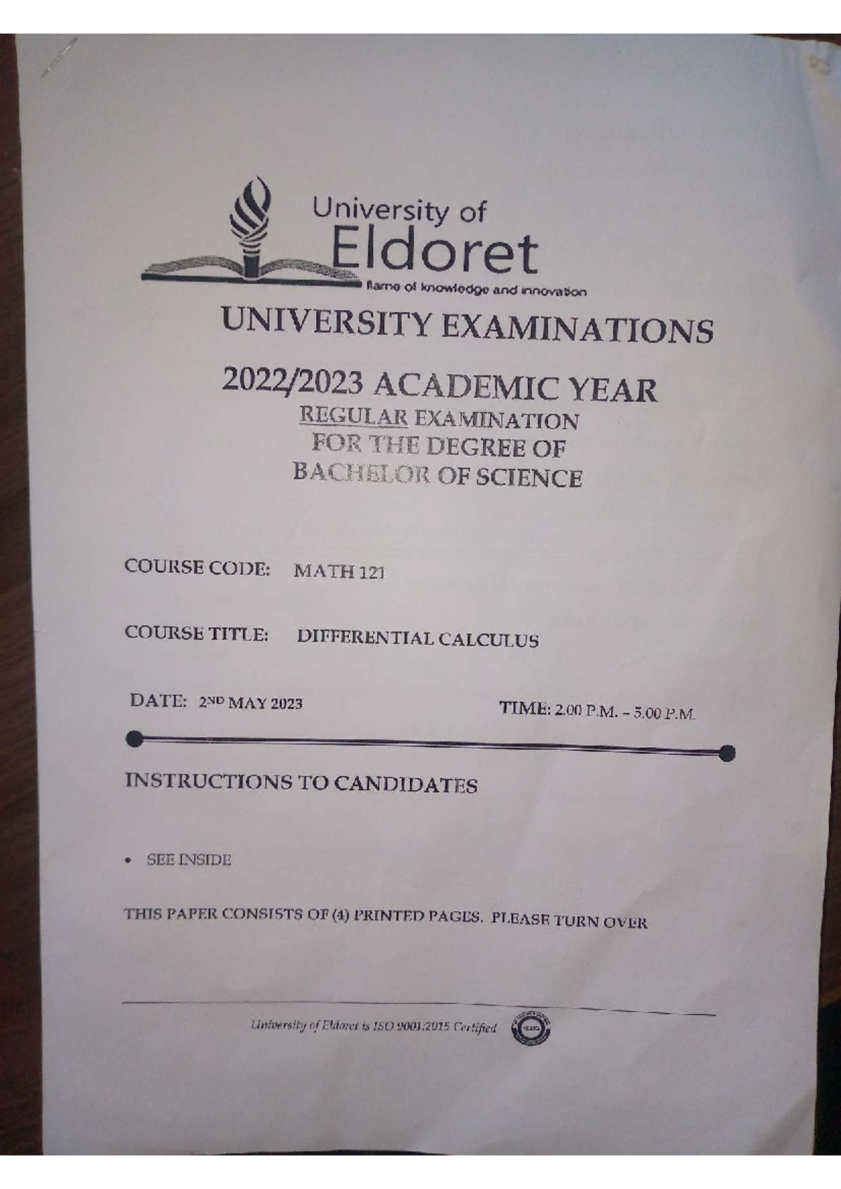 Math 121 Differential Calculus Past Exam Paper - May 2023 - Studocu