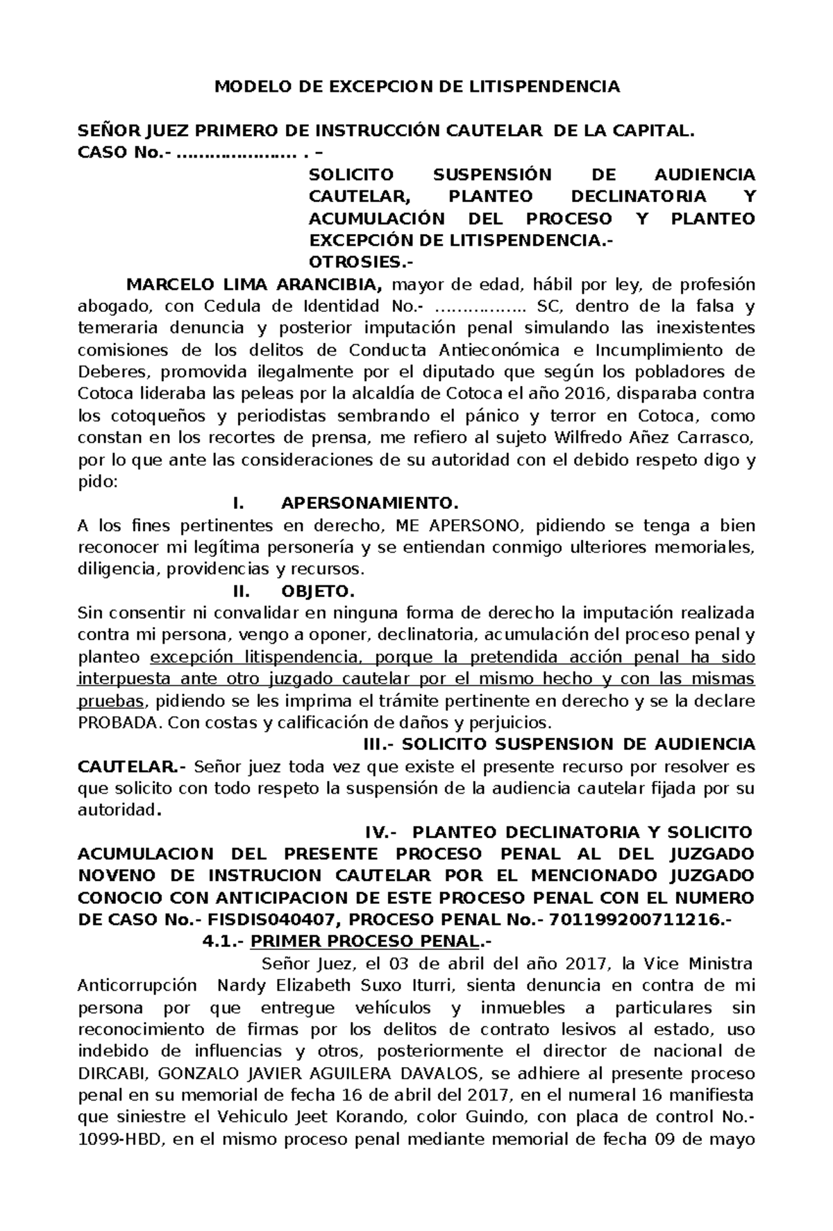 Excepción de Litispendencia en el Proceso Penal: Caso Wilfredo Añez ...